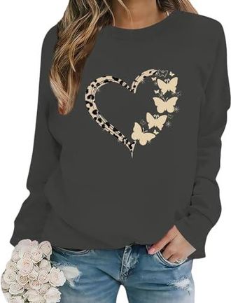 Generic Sweat-shirt à col rond pour femme - Motif léopard et coeur - Coupe ample - Tendance - Pour voyage, streetwear quotidien, gris foncé, XXL