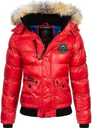 Geographical Norway Bugs Lady - Parka Longue Epaisse Chaude Femme Automne Hiver - Manteau Fin Capuche Fausse Fourure - Blouson Coupe Vent - Doudoune Elegante Femmes (Roug