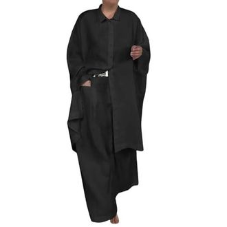 Generic Ensemble de surv&ecirc;tement d&eacute;contract&eacute; en coton et lin pour femme - Chemise de couleur unie - Pantalon large - Combinaison de loisirs pour femme, Noir, X