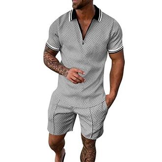 Generic Ensemble de d&eacute;tente en tricot gaufr&eacute; pour homme - Tenue tropicale avec demi-fermeture &eacute;clair - Polo et short &agrave; revers - Surv&ecirc;tement 2 pi&egrave;ces - Tenue d