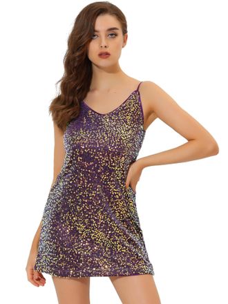 Allegra K Damen Halloween Glitzer Pailletten V Ausschnitt Spaghettitr&auml;ger Mini Partykleid Clubwear, deep Purple, Mittel