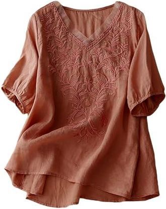 Generic T-shirt &eacute;l&eacute;gant pour femme - Col en V - Chemise en lin pour femme - Manches courtes - Broderie - Chemisier d&eacute;t&eacute; vintage - Chemisier d&eacute;t&eacute; tendance - Ch
