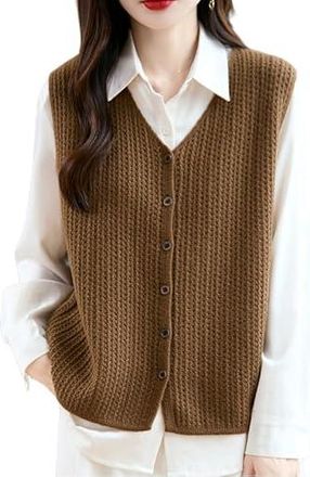 Generic Gilet sans Manches en Laine M&eacute;rinos 100% pour Femme, Automne-Hiver, Col V, Fermeture Boutonn&eacute;e, Maille Torsad&eacute;e, Style Cardigan Tendance, Coupe Ajour&eacute;