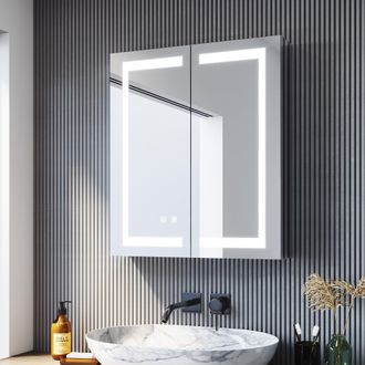 Sonni Spiegelschrank Bad mit Beleuchtung 60 cm breit beschlagfrei LED Spiegelschrank und Steckdose 2-t&uuml;rig Badezimmer-Spiegelschrank mit Touchschalter Kaltw