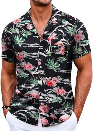 Coofandy Chemise Hawaienne Homme Manches Courtes Casual Chemise été avec Poche Chemise de Plage Regular Fit Flamant Noir XXL