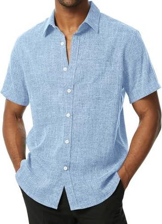PARKLEES Chemise boutonnée à manches courtes pour homme - En lin texturé - Décontractée - Vacances - Plage - Été, bleu ciel, Taille 3XL
