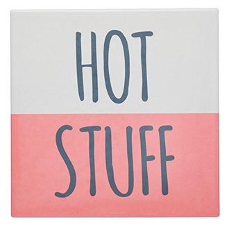 KitchenCraft Funny Hot Stuff Quadratischer Untersetzer aus Keramik mit Korkr&uuml;cken, 2 x 2 cm (8) - Rot / Wei&szlig;