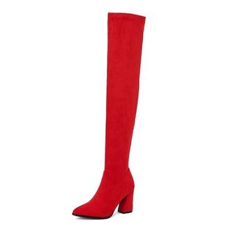Generic Bottes montantes en daim synth&eacute;tique pour femme - Bout pointu - Talon bloc - &Agrave; enfiler, Rouge, 40.5 EU