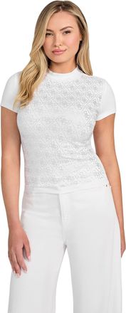 Guess Damen-T-Shirt, kurz&auml;rmelig, Stehkragen, 4 g, Reines Wei&szlig;