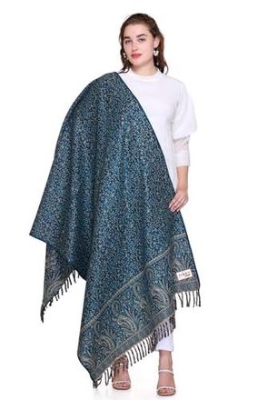 World of Shawls Ch&acirc;le dhiver surdimensionn&eacute; en m&eacute;lange de laine Paisley - 100 x 200 cm avec &eacute;tiquette Heritage et bords frang&eacute;s, bleu sarcelle, Taille unique