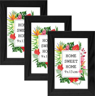 MG Design Set aus 3 Schwarz Bilderrahmen 9 x 13 cm - Aus echtem Holz mit Acrylglas, zum Aufh&auml;ngen & Aufstellen, f&uuml;r Fotos, Poster & Puzzle