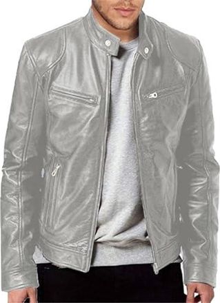 Generic Veste en cuir synthétique à col montant pour homme - Fermeture éclair - Manches longues - Veste isolante légère, gris, M