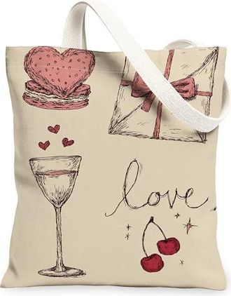 Generic Sacs fourre-tout en toile sur le th&egrave;me de lamour, motif coeur mignon et cerises, sacs d&eacute;picerie r&eacute;utilisables, vintage, romantiques, l&eacute;gers, lavables 