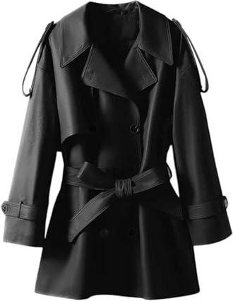 Generic Veste en cuir v&eacute;ritable pour femme - Automne Hiver Peau de Mouton Double Boutonnage Ceinture Trench Coat D&eacute;contract&eacute; Mi-long, Noir, M