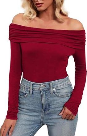 Generic 2025 T-shirt &agrave; manches longues et &eacute;paules d&eacute;nud&eacute;es pour femme Couleur unie, bordeaux, S