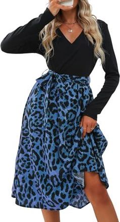 Cupshe Robe longue/mi-longue pour femme - Manches longues, col en V, ceinture à nouer, coupe trapèze - Robe patineuse décontractée pour les fêtes et les cock