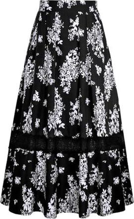 Belle Poque Jupe florale vintage stretch pour femme - Taille haute - Ligne A - Maxi, fleurs noires et blanches, S