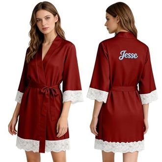 Generic Robe de chambre kimono brod&eacute;e personnalis&eacute;e en satin avec bordure en dentelle et col en V pour mari&eacute;e, demoiselles dhonneur et cadeaux de mariage, bor