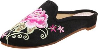 Supvox Pantoufles Brod&eacute;es Ethniques F&eacute;minines Style Pointe Fine Tissu Confortable L&eacute;g&egrave;res Int&eacute;rieur Ext&eacute;rieur Taille 38 Noir