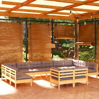 vidaXL 12-tlg. Garten-Lounge-Set mit Grauen Kissen Kiefer Massivholz vidaXL