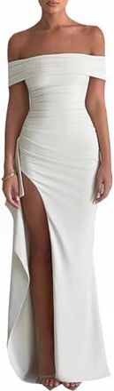 Minetom Robe de Soirée Femme Elegante Épaules Dénudées Party Cérémonie Cocktail Mariage Demoiselle dhonneur Maxi Robe Longue D Blanc XS
