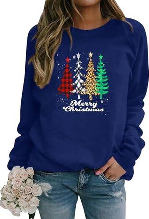 Dresswel Pull de No&euml;l pour femme avec inscription &laquo; Merry Christmas &raquo; - Imprim&eacute; sapin de No&euml;l - Pull &agrave; manches longues, 1-bleu., XXL