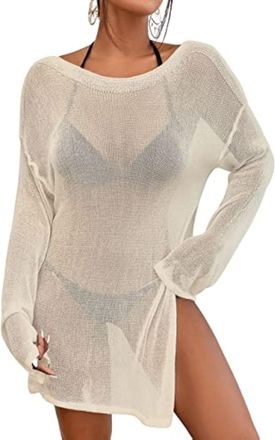 Bsubseach Crochet Cover Ups f&uuml;r Bademode Frauen Strand Bluse Sheer Swim Coverups Mesh Gestricktes Kleid Aprikose XL