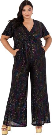 Lovedrobe Damen Ladies Playsuit for Women Black Sequin Short Sleeve Plunging Neck Plus Size Curve Big and Tall Belt Jumpsuit, 26