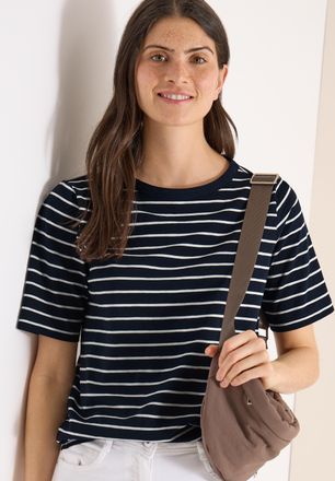 Cecil T-Shirt CECIL, Damen, Gr. XXL (46), universal blau, Web, 100% Baumwolle, gestreift, comfort fit normal, U-Boot-Ausschnitt, abgesteppt, Shirts T-Shirt,