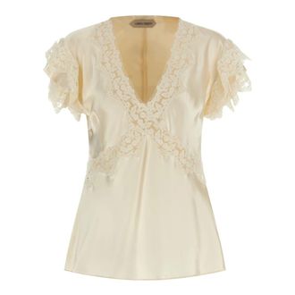 Alberta Ferretti Femme, Blouses et Chemises, Beige, Taille: 38 FR Top en satin avec empi&egrave;cements en dentelle