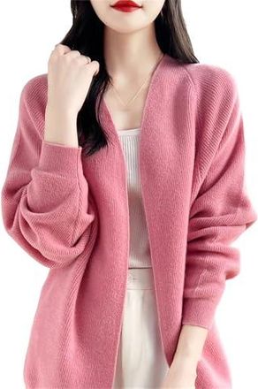 Generic Cardigan en laine pour femme 100 % laine tricot&eacute;e ample confortable col en V, rose, Taille XS