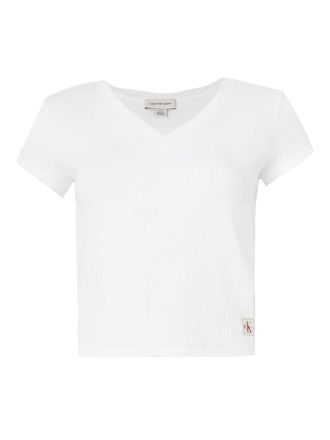 Calvin Klein Damen T-Shirt Kurzarm Woven Label Rib Tee mit V-Ausschnitt, Wei&szlig; (Brilliant White), S