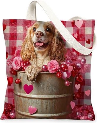 Generic Sac fourre-tout en toile r&eacute;utilisable pour le shopping 33 x 38 cm, motif cocker &eacute;pagneul et coeur, sac d&eacute;picerie r&eacute;utilisable pour femme, peinture dan