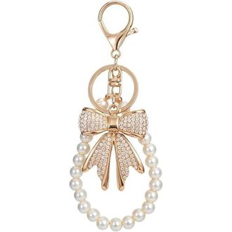 Generic Porte-cl&eacute;s en forme de noeud en strass &eacute;tincelants avec cha&icirc;nes dimitation de perles, breloques &eacute;l&eacute;gantes pour sac &agrave; main, sac &agrave; dos, accessoires &eacute;l&eacute;g