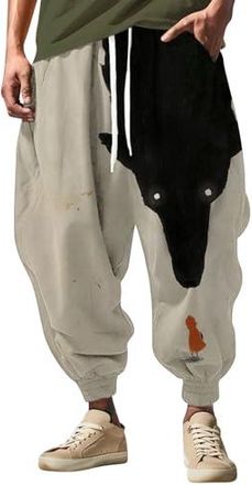 Generic Pantalon sarouel en lin imprim&eacute; pour homme - Pantalon slim avec imprim&eacute; amusant - Pantalon de loisirs - Taille &eacute;lastique - Pantalon de yoga respirant 