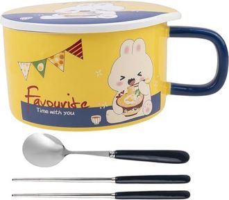 La Chineuse Instant-Nudelschüssel - Asiatische Ramen-Schüssel - Porzellan - Kaninchenmuster - 1000 ml - Deckel und Besteck - Frühstück, Suppe, Reis - Geschenkidee