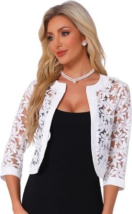 Allegra K Boléro en Dentelle Florale Femme Manches 3/4 Ouvert sur Le Devant Gilet Élégant Cardigan Court Demi-Transparent Boléro pour Robe de Cocktail Blanc XS