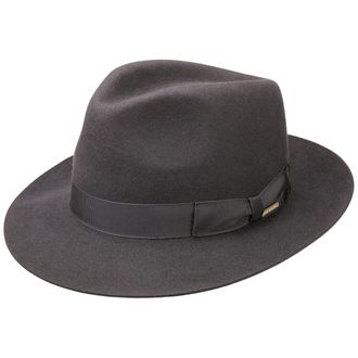 Stetson Penn Bogarthut Haarfilz Filzhut Damen Herren Mafiahut 100% Tierhaar Sommer Winter Hut mit Ripsband Klassischer Pate grau 56 cm