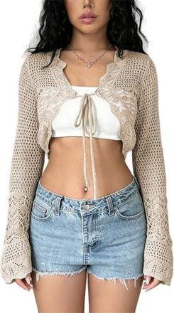 Generic Cardigan en crochet pour femme - Manches cloches - Ouverture sur le devant - L&eacute;ger - Pour l&eacute;t&eacute; - Cache-maillot de plage - Bol&eacute;ro court, kaki, XL