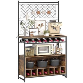 HOMCOM K&uuml;chenregal, Standregal mit 5 S-Haken, 2 Ablagen, Metallgitterpaneele, Kaffeebar mit Weinregal, B&auml;ckerregal aus Metallrahmen, Rustikal-Braun, 96,5 x 3