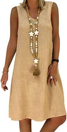 Onsoyours Robe Été Femme de Plage Rétro Robes Col V Lin Robes au Genou Casual sans Manches Couleur Unie Tuniques Ample sans Accessoires Z4 Kaki FR 40
