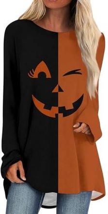 Generic HUIFUAO T-shirts dHalloween pour femme - Citrouille effrayante - Fantôme - Hauts dHalloween pour femmes - Manches longues - Grande taille - T-shirts p