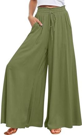 Feoya Pantalon ample pour femme - Taille haute - Pantalon Palazzo avec poches - Style d&eacute;contract&eacute; - &Eacute;t&eacute; &eacute;l&eacute;gant - Pantalon de d&eacute;tente, Styleb Vert, XXL