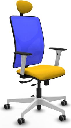 Piqueras y Crespo B&uuml;rostuhl mit wei&szlig;en und schwarzen Armlehnen, h&ouml;henverstellbare Lendenwirbelst&uuml;tze und festes Kopfteil, ausgestattet mit Syncro/Traslack. Blau/Gelb