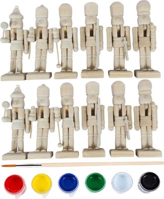 Generic 12 Nussknacker-Figuren, 12, 7 cm, zum Selbermachen, bemalbar, Nussknacker-Weihnachtsdekoration aus Holz, mit Farben und Pinsel f&uuml;r Weihnachts-Kunstpro