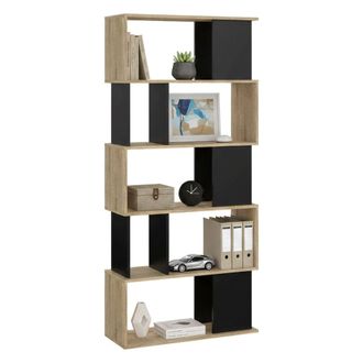 Dmora B&uuml;cherregal mit f&uuml;nf asymmetrischen Regalen, Eiche und schwarze Farbe, Ma&szlig;e 80 x 175 x 29 cm