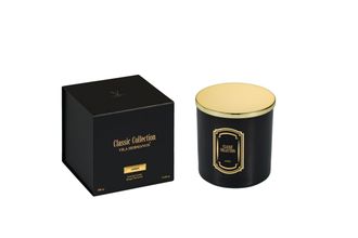 Vila Hermanos Amber Duftkerze 500 g - 3-Docht Kerze mit Holz-, Leder- & Ambernoten - Luxuskerze aus Soja- & Kokoswachs - Rauchglas, Metalldeckel & Geschenkbox mit M