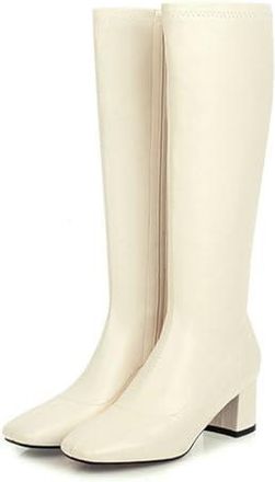 Generic Beige,41 EU,Bottes Hautes pour Femmes, Automne-Hiver, Bout carré, Talons épais, Bottes Longues élastiques, Fermeture éclair latérale, Cuir PU, Chaussu