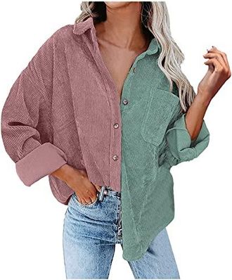 Generic Vestes pour femmes 2026 en velours c&ocirc;tel&eacute; boutonn&eacute;e boyfriend veste &agrave; manches longues &eacute;pissure veste dames automne/hiver d&eacute;contract&eacute;, Vert, S
