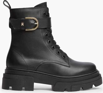 Tommy Hilfiger wasserfeste Leder-Stiefel mit grober Schn&uuml;rung in Schwarz